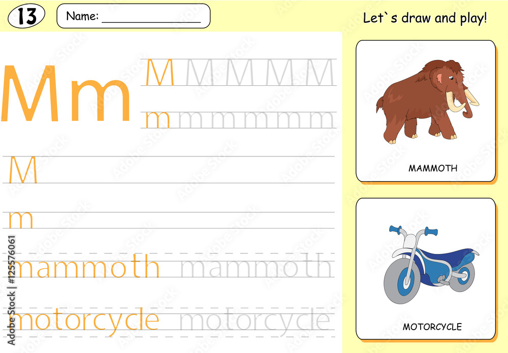 Cartoon mammoth and motorcycle. Alphabet tracing worksheet: writ Stock ...