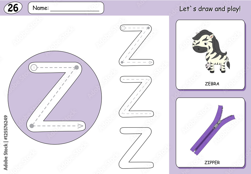 Cartoon zebra and zipper. Alphabet tracing worksheet: writing A- Stock ...