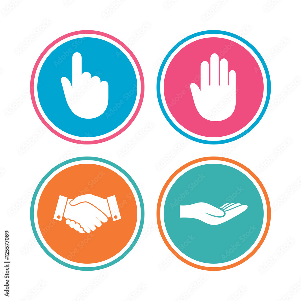 Hand icons. Handshake and click here symbols. Stock Vector | Adobe Stock