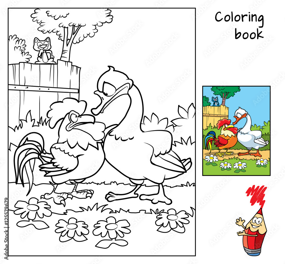 Goose and rooster are going to fight. Coloring book. Cartoon vector ...