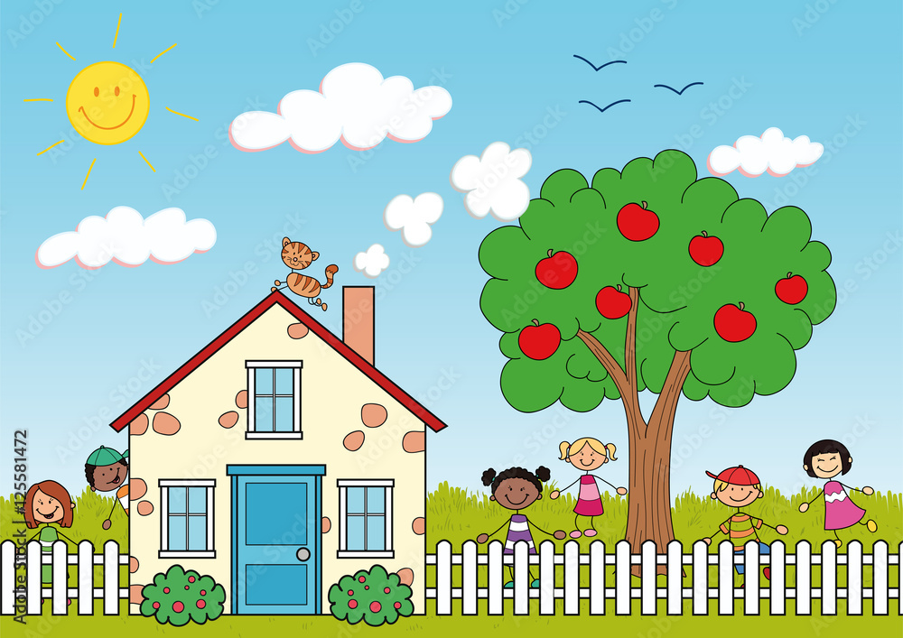 Kinder aus verschiedenen Ländern spielen gemeinsam im Garten Stock-Vektorgrafik | Adobe Stock