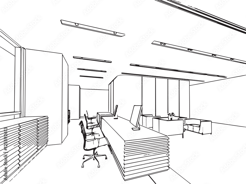 interior outline sketch drawing perspective of a space office Stock ...