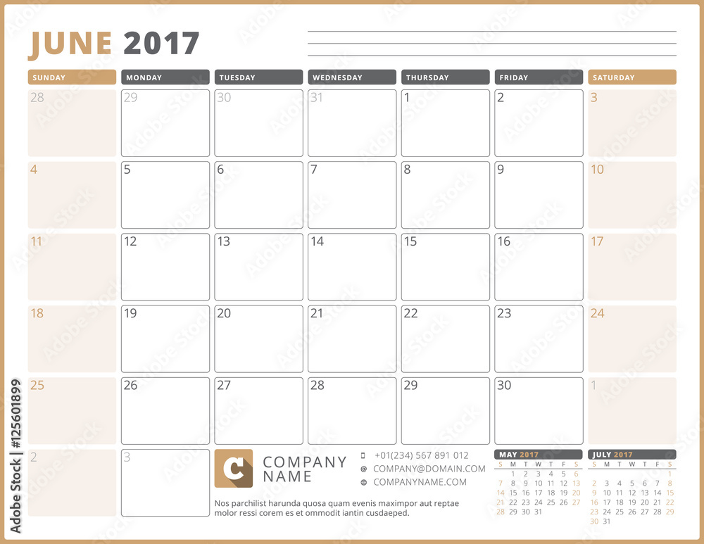 Calendar Template for 2017 Year. June. Business Planner 2017 Template ...