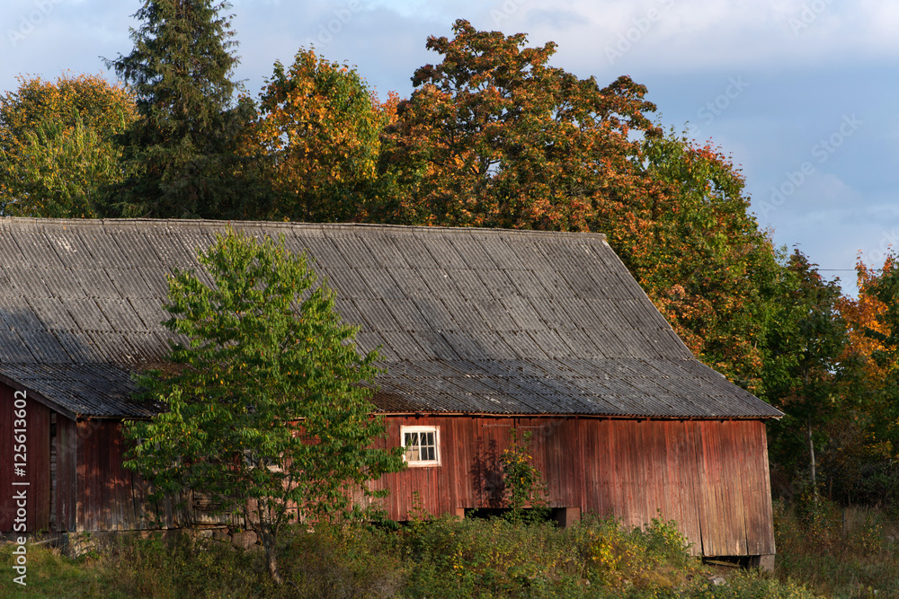 Bauernhof-Scheune bei Ramkvilla im Herbst , Smaland Schweden Stock ...