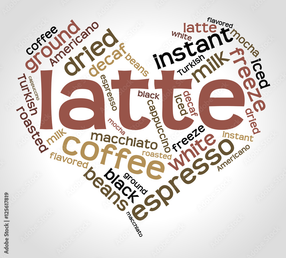 Latte word cloud concept in shape of heart on gradient background ...