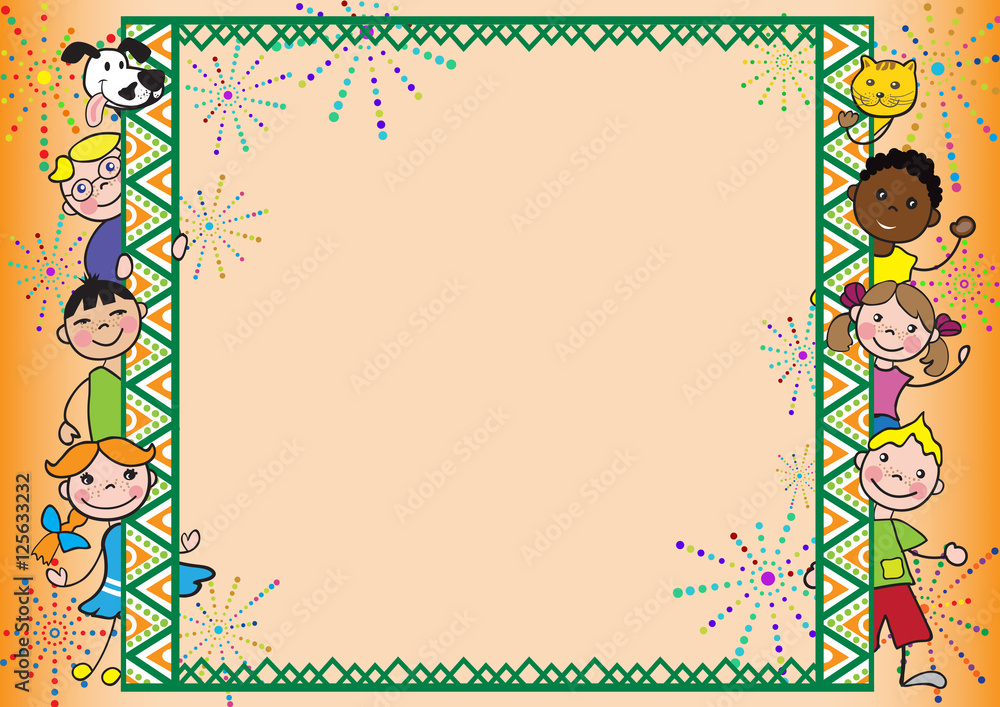 Frame with cartoon kids, doggy and fox, template for diploma ...