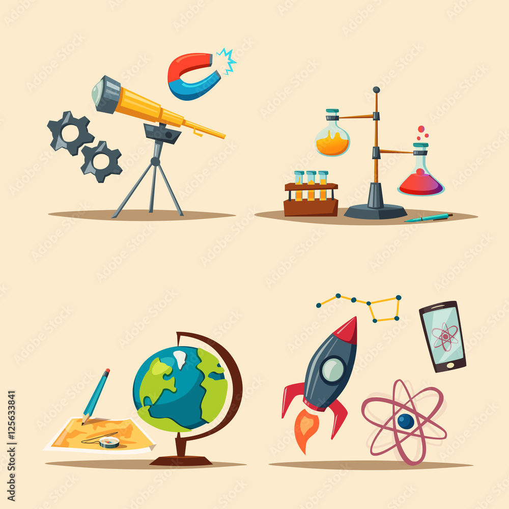 Set of science logo. Cartoon vector illustration. Education theme Stock ...