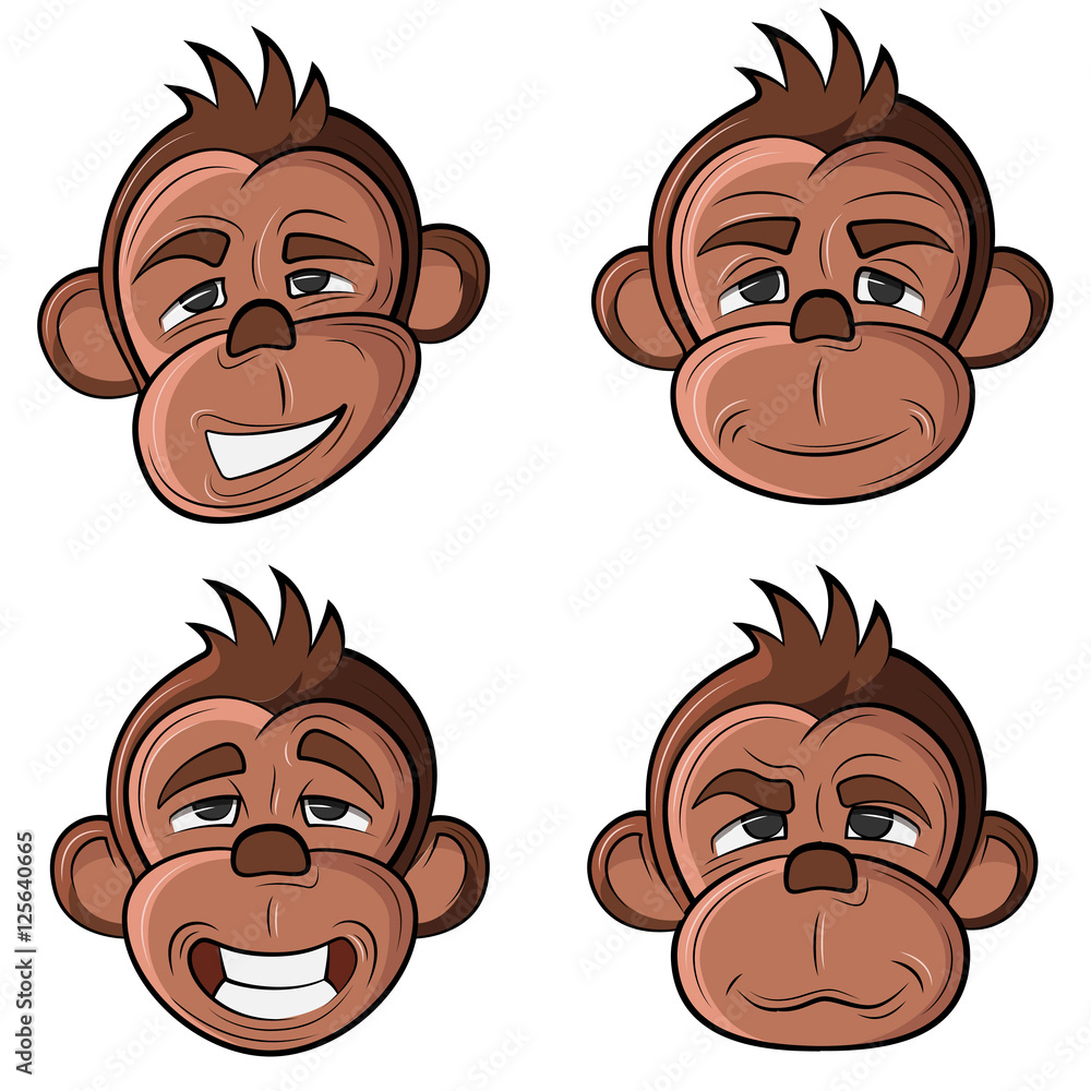 four monkey faces with different emotions. Funny chimpanzee, monkey ...