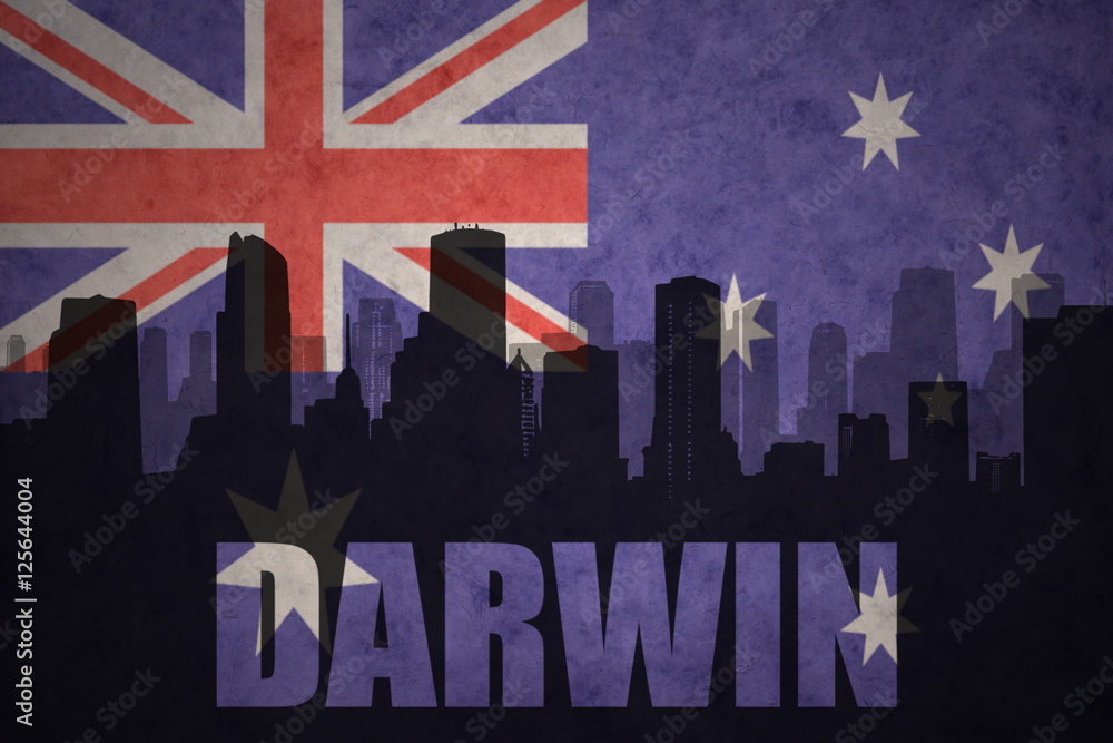 Poster abstract silhouette of the city with text Darwin at the vintage ...