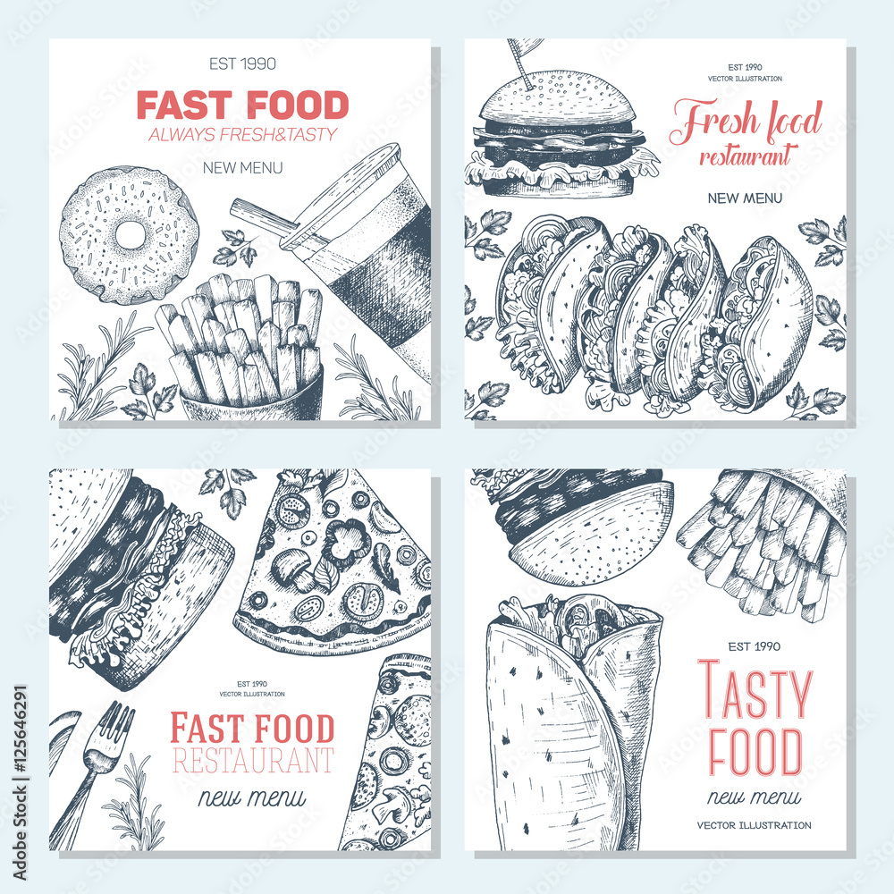 Fast food square banner set. Pizza, hamburger and french fries ...