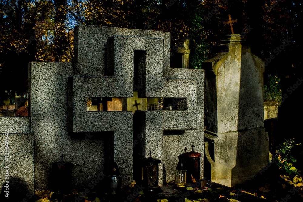 Foggy Graveyard at night. Old Spooky cemetery in moonlight through the ...