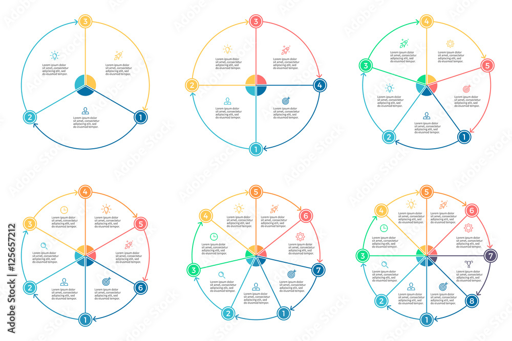 Outline pie charts with 3 - 8 steps, sections. Stock Vector | Adobe Stock