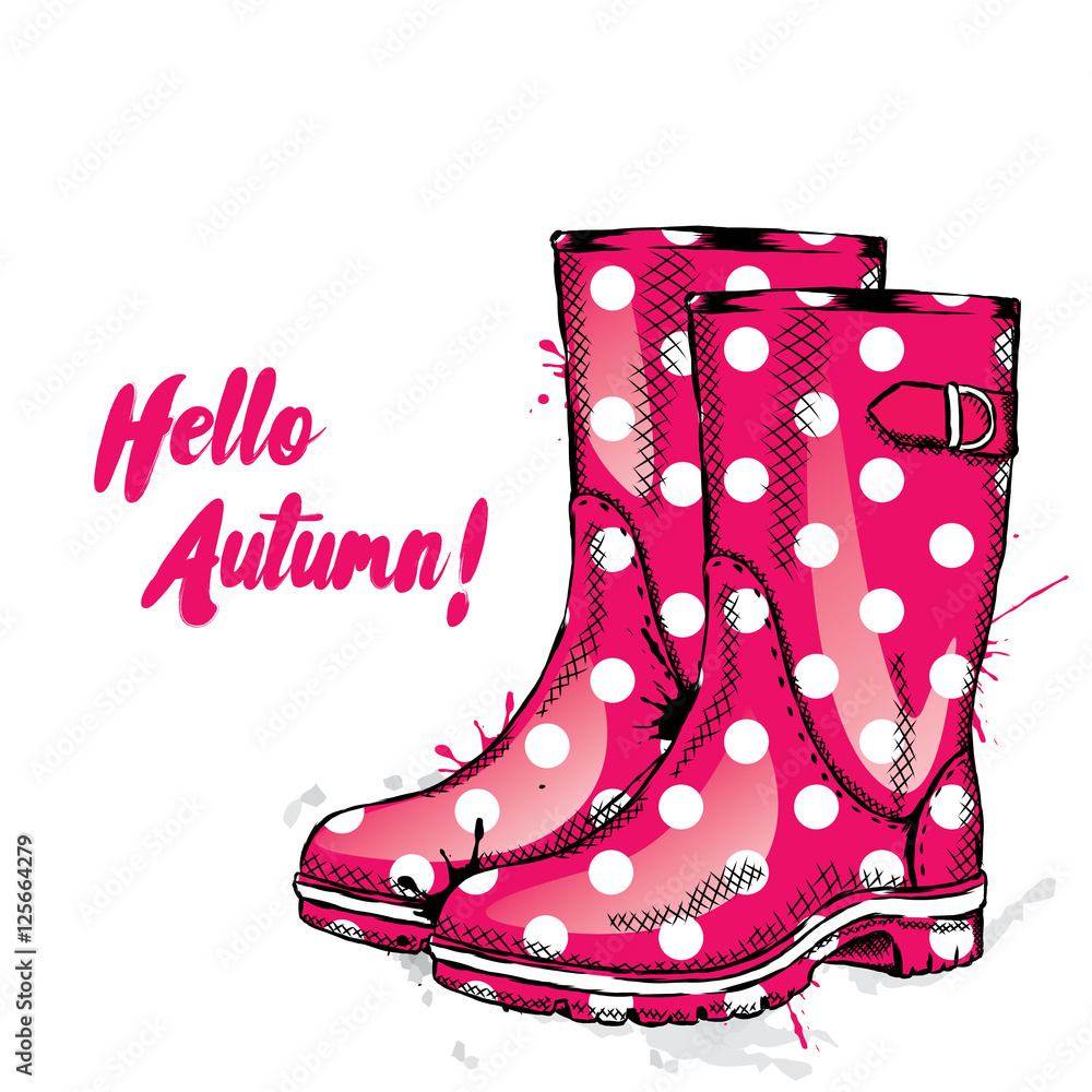 Rubber boots with dots. Vector illustration for greeting card, poster ...