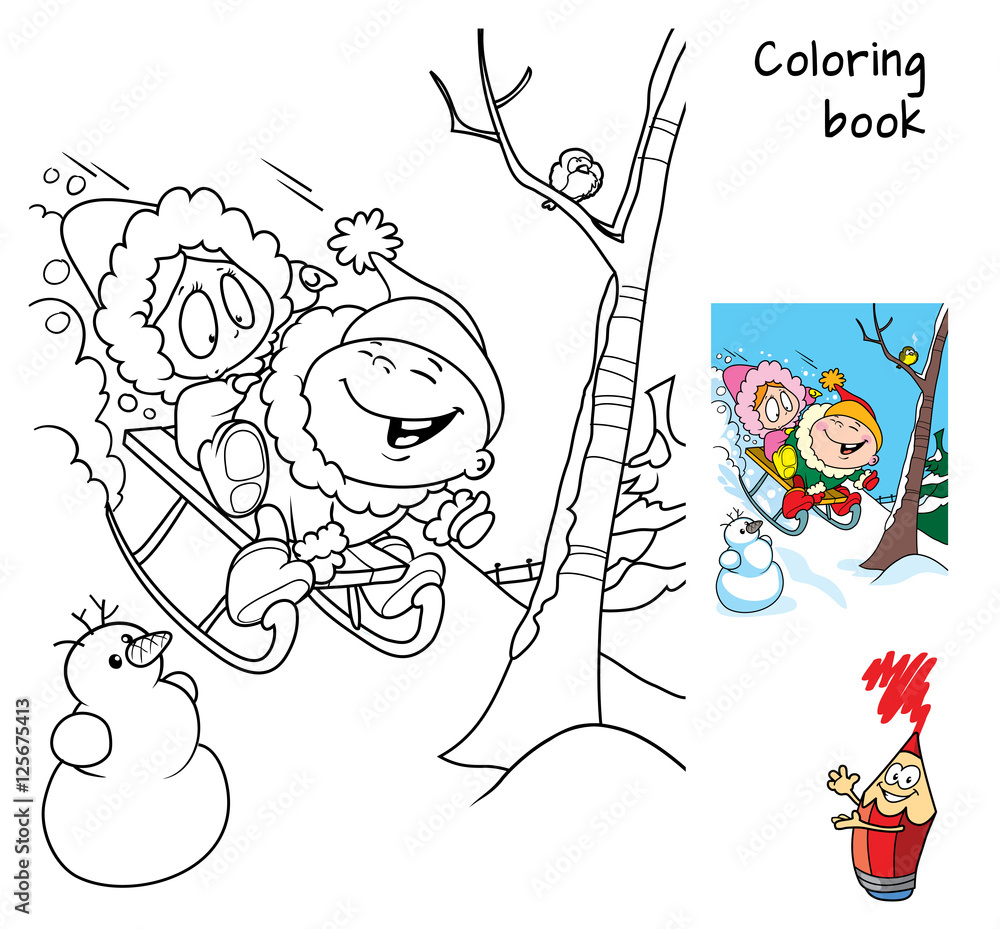 Children sledding down the hills. Coloring book. Cartoon vector ...