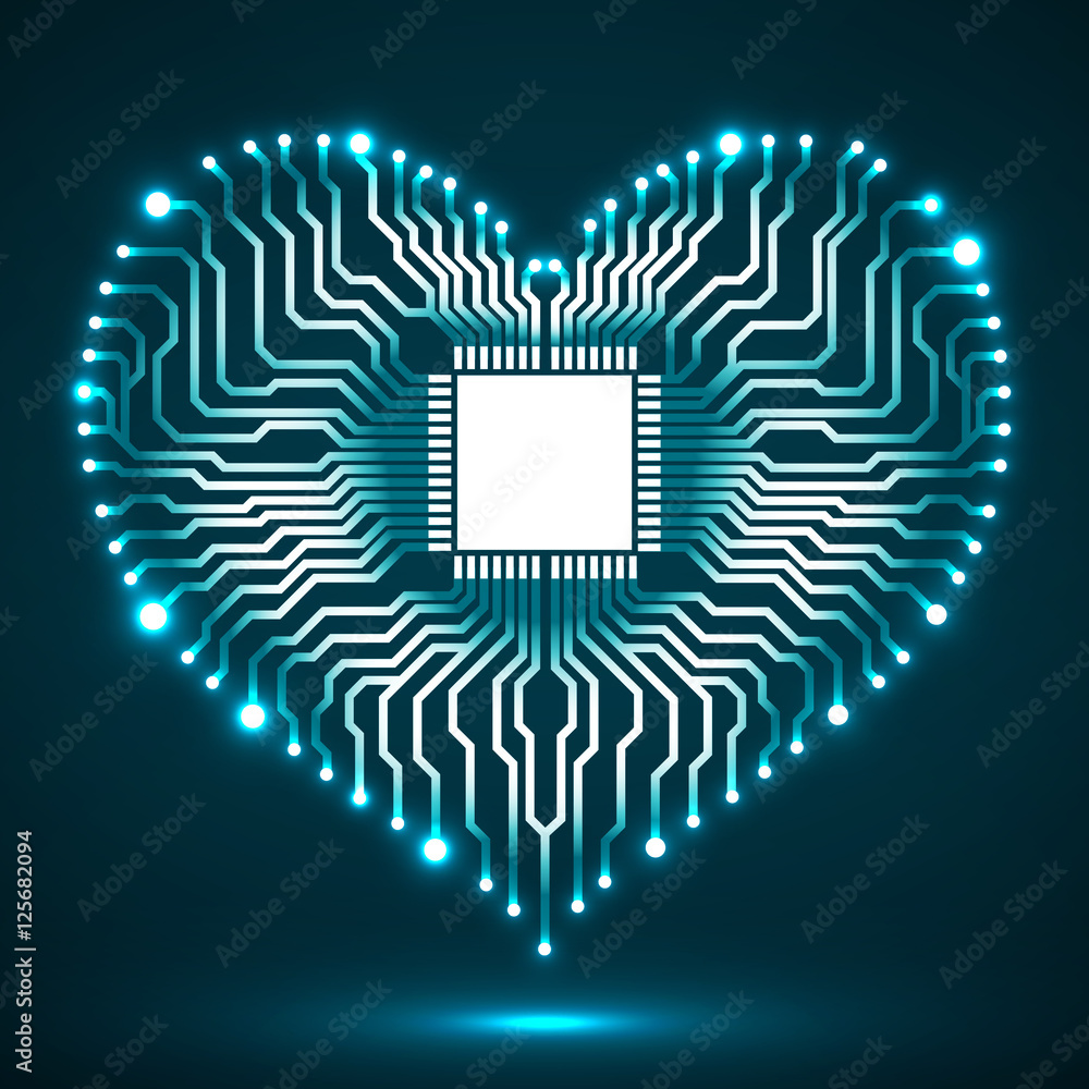 Abstract neon electronic circuit board in shape of heart, technology ...
