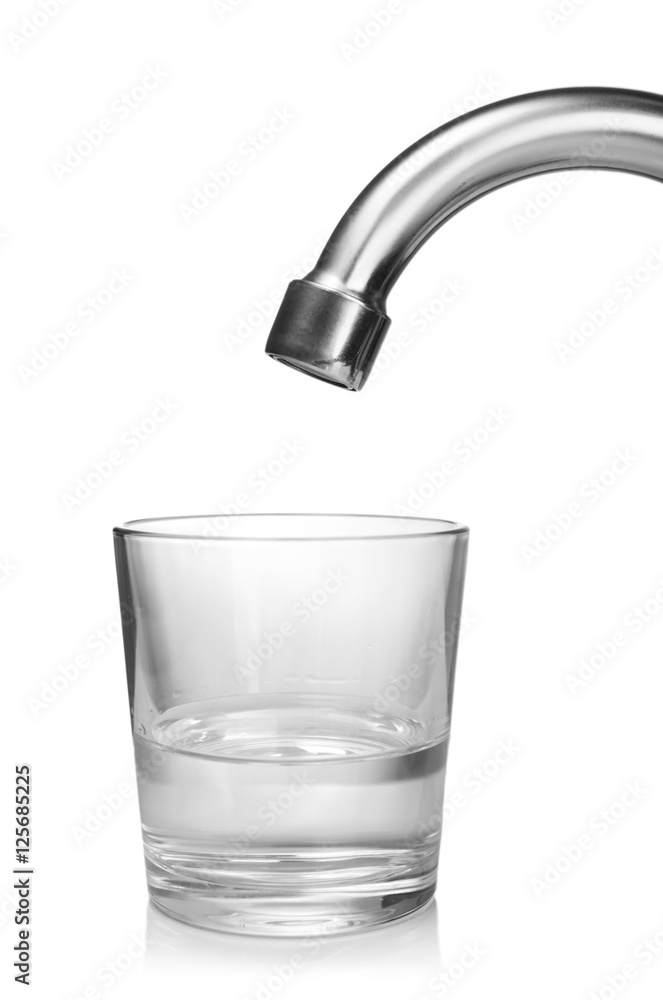 Glass of water and tap isolated on white. Water saving concept Stock ...