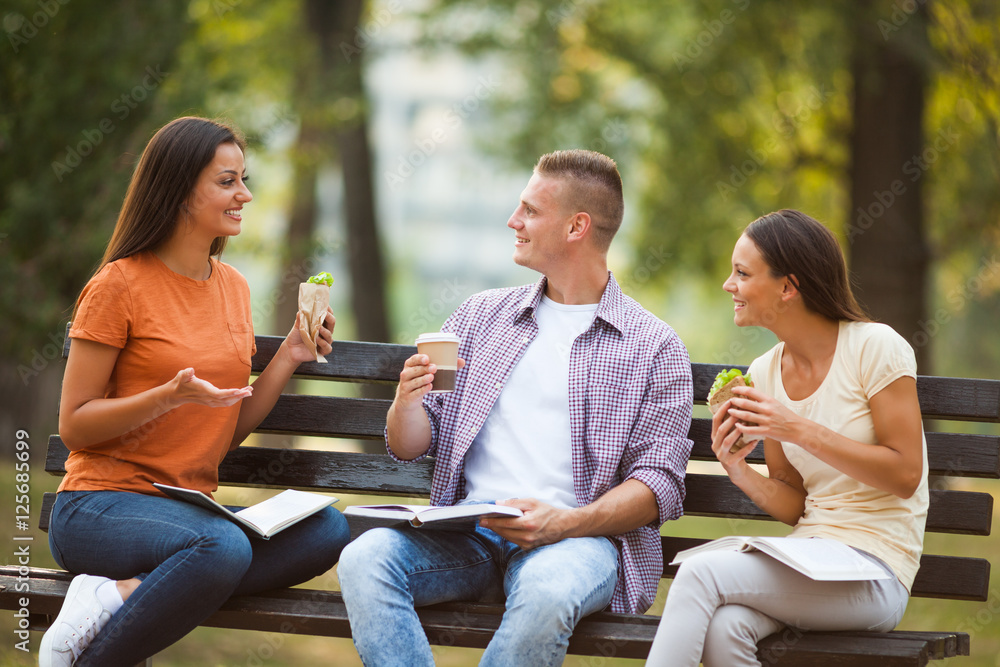 Three students are sitting on bench in park and learning. Stock Photo ...