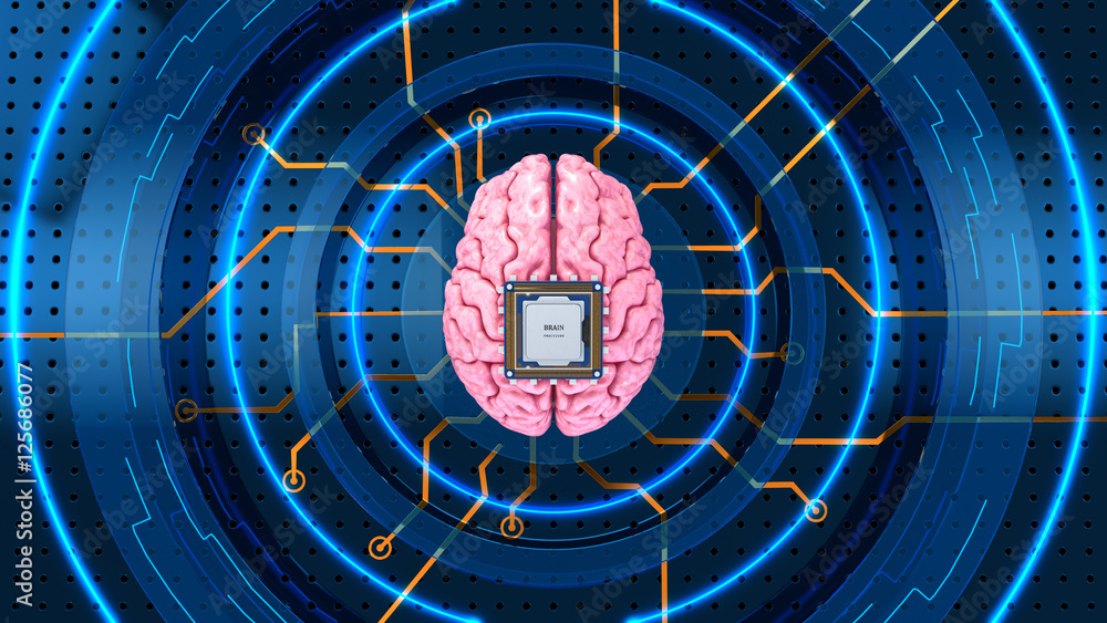 Human brain with computer processor. Concept 3d render, illustra Stock ...