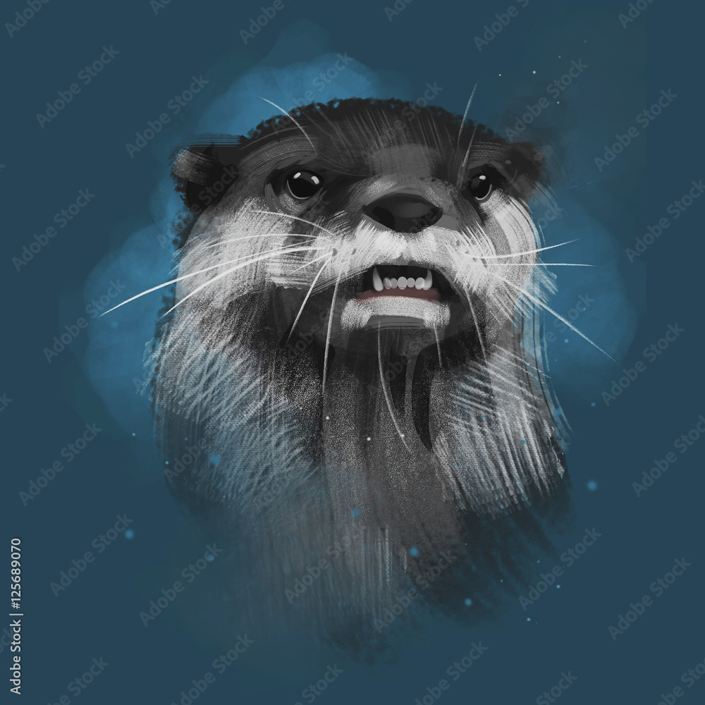 Illustrated Portrait of Otter. Cute face of aquatic Otter on blue ...