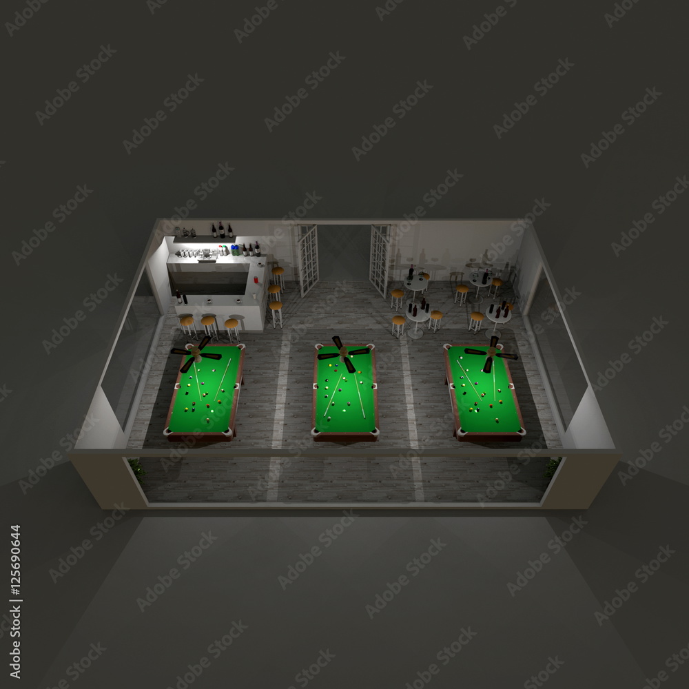 3d interior rendering of illuminated pool hall by night Stock ...