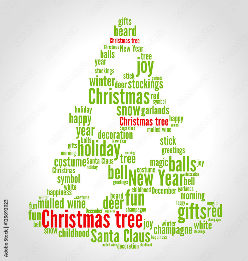 Christmas tree word cloud concept in shape of fir on gradient ...