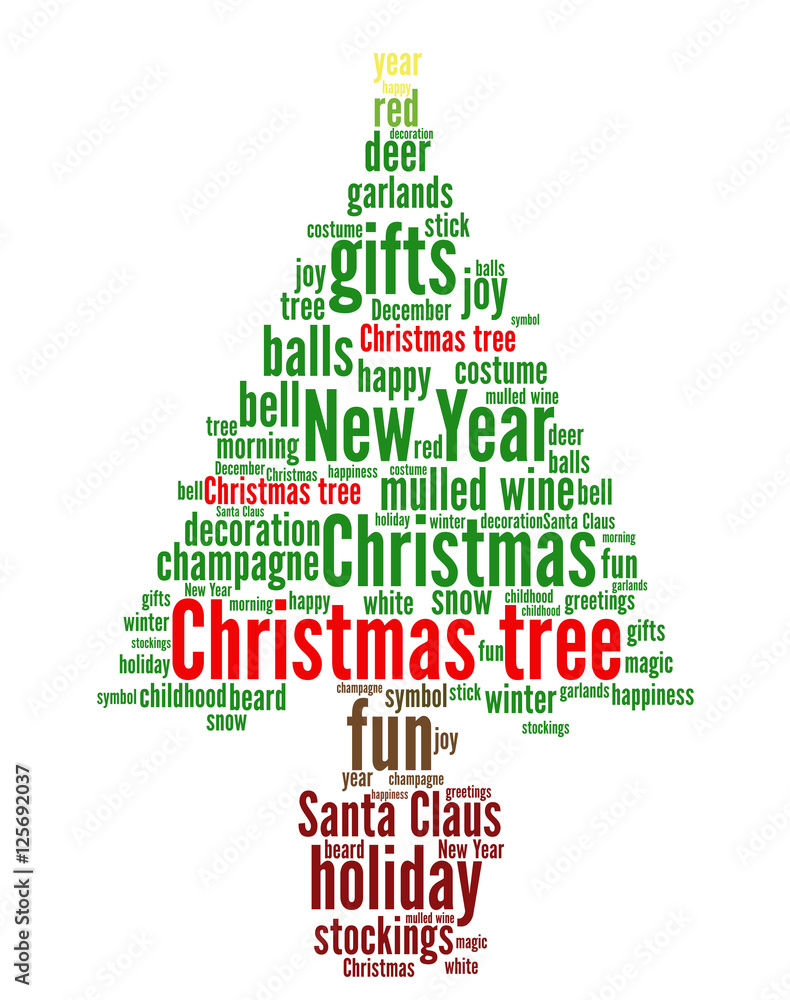 Christmas tree word cloud concept in shape of fir on white background ...