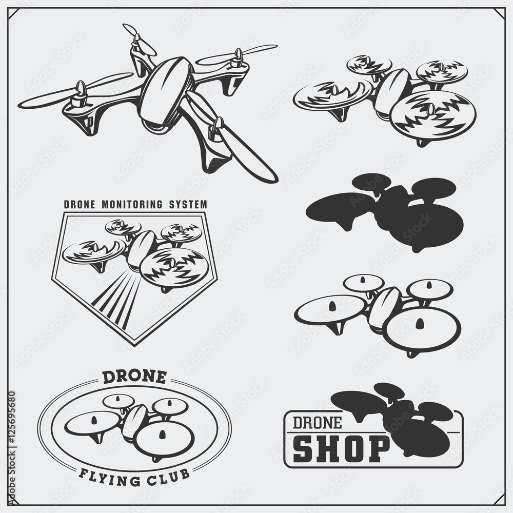 Set of drone labels, badges, emblems and design elements. Stock Vector ...