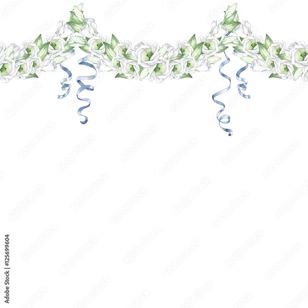 Elegant seamless garland of white flowers with satin ribbons For ...