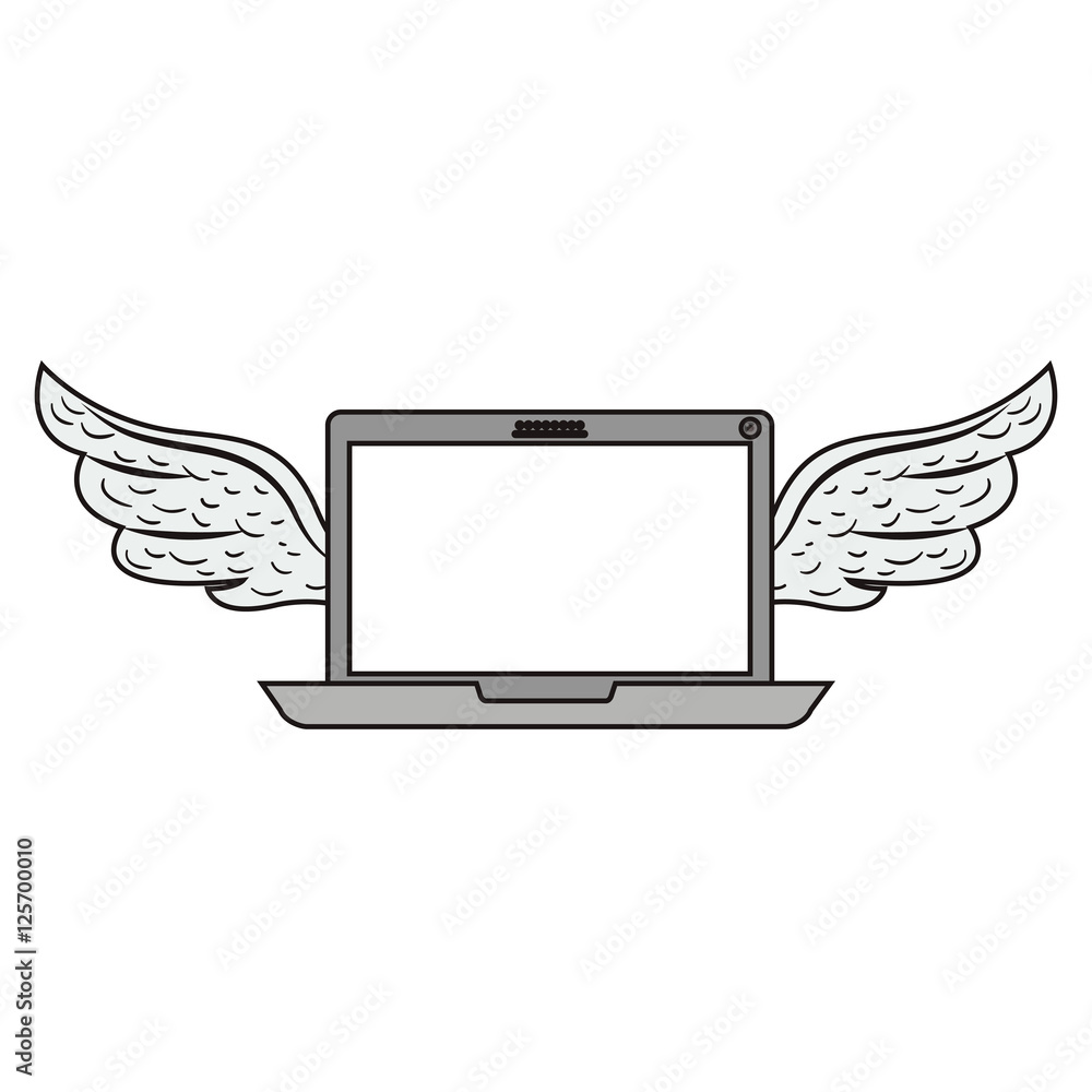 laptop computer device icon with wings over white background. vector ...