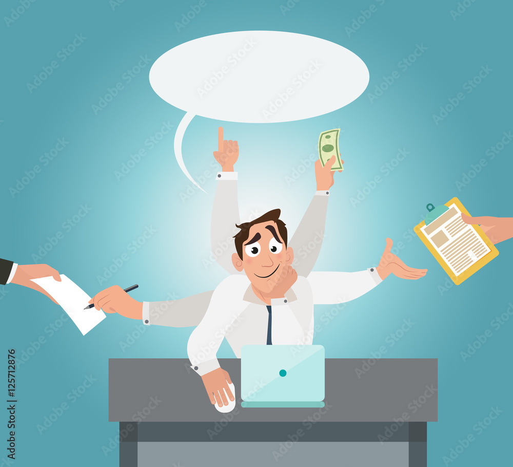 Office worker with six hands with and multi tasking. Workers ...
