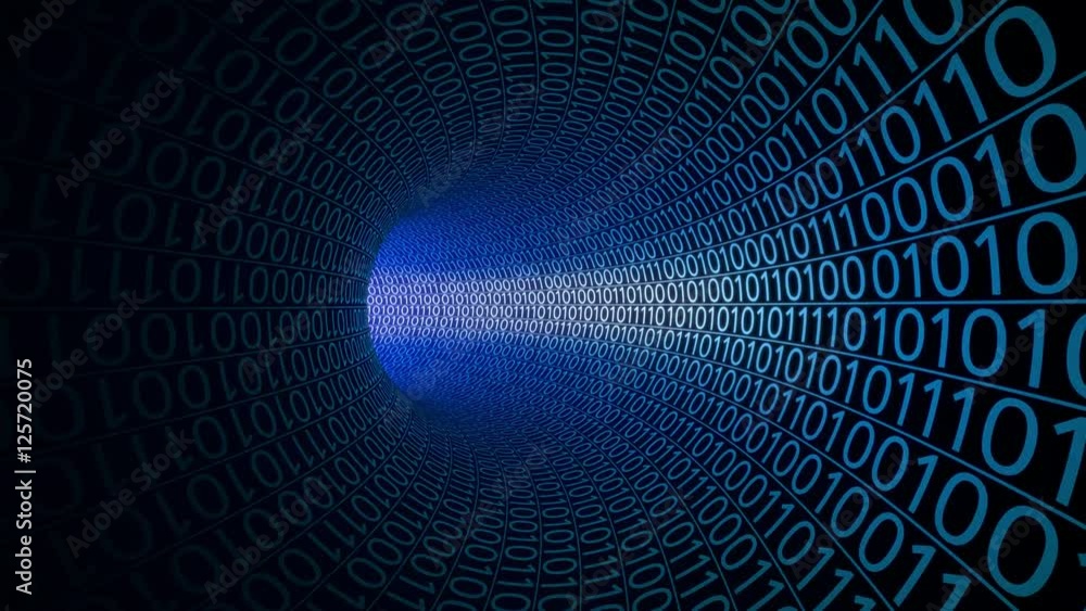 Flight through abstract blue tunnel made with zeros and ones. Modern motion background ...