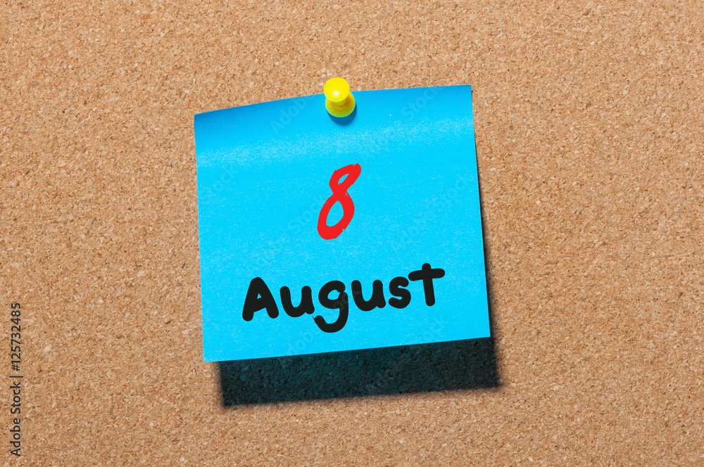 August 8th. Day 8 of month, color sticker calendar on notice board ...