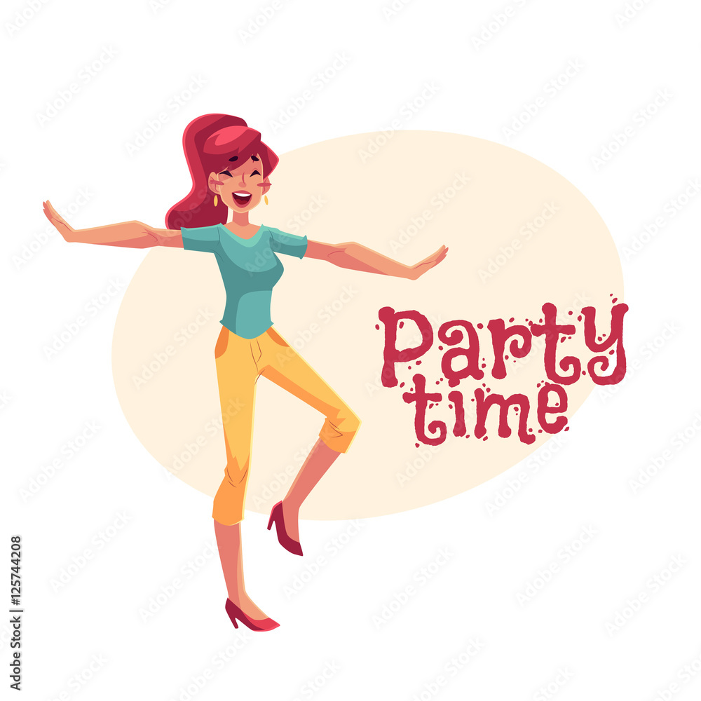 Vecteur Stock Young beautiful girl dancing at the party, cartoon vector ...