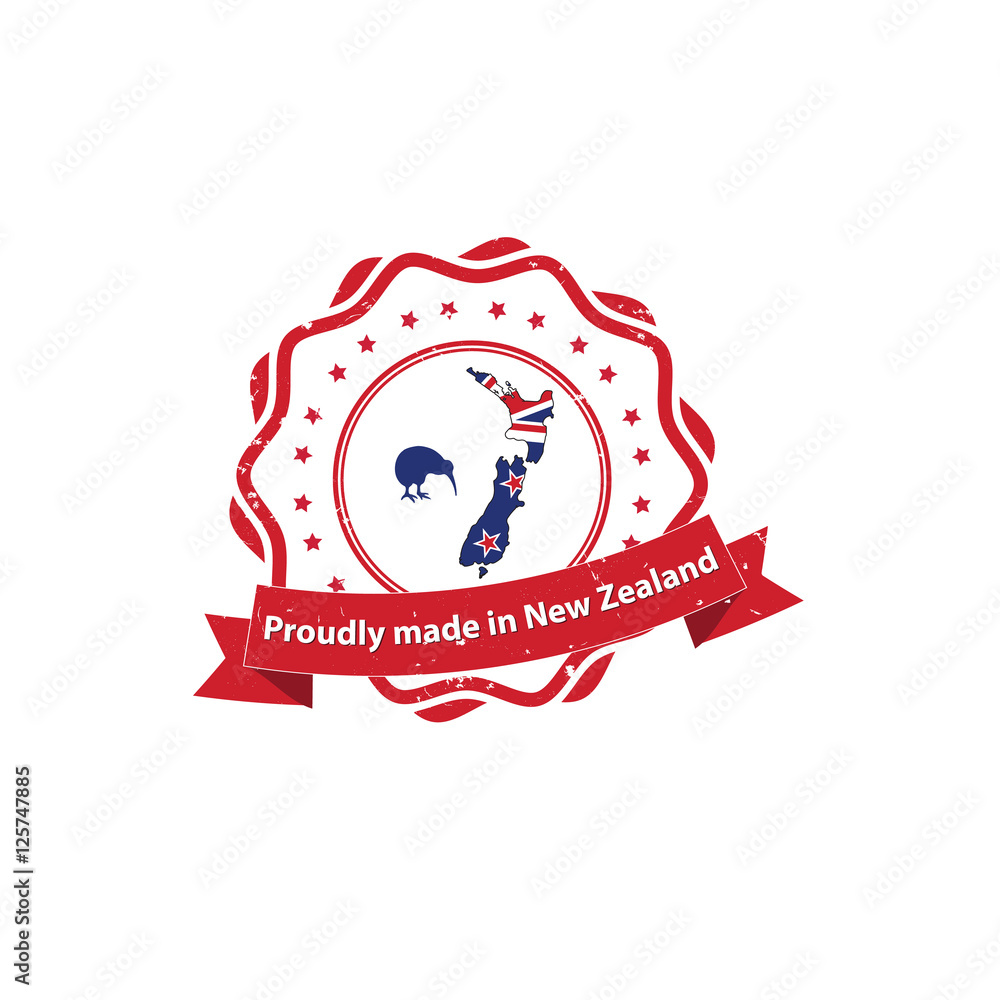 Proudly made in New Zealand - stamp with the national flag and map ...