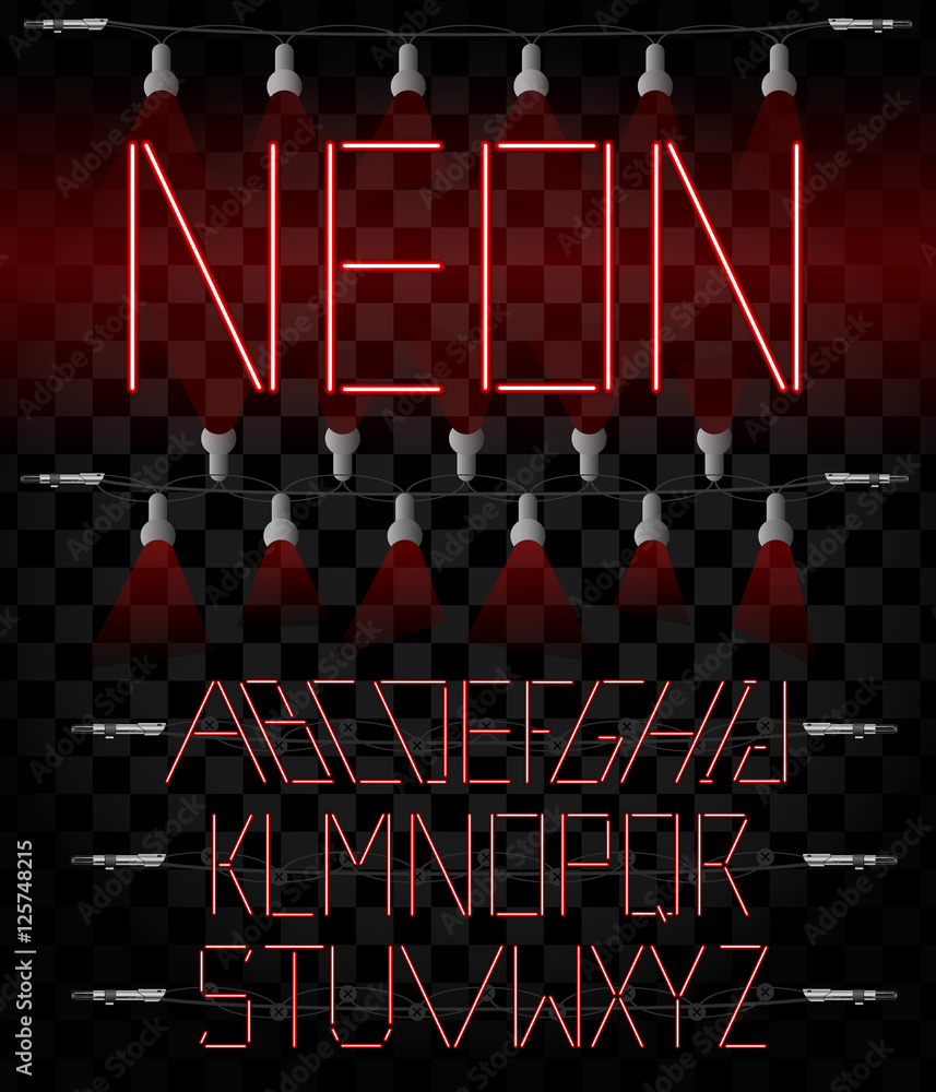 Red glowing neon bar alphabet on transparent background. Glowing font ...