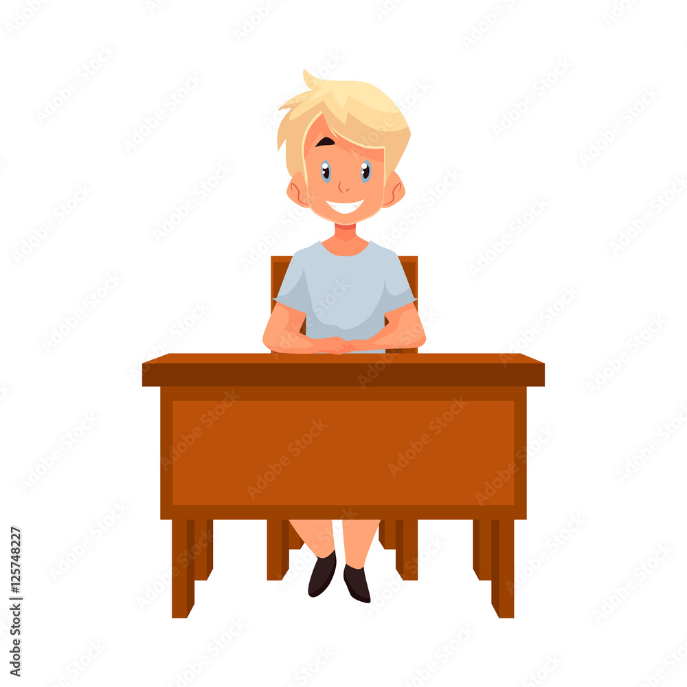 Clever school boy sitting at the desk with an open book, cartoon style ...