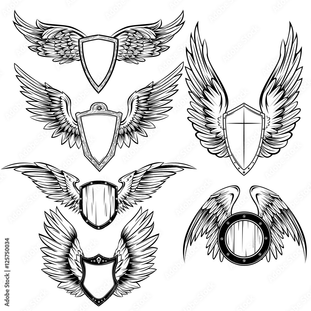 Wings And Shield Heraldic Elements Set Stock Vector | Adobe Stock
