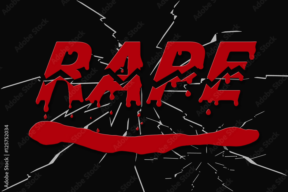 Word rape in blood and broken in red on blackshattered background ...