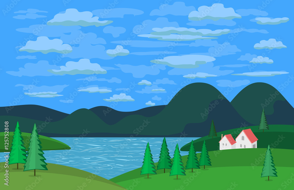 Green landscape. Mountain river in the valley. Houses on river bank ...