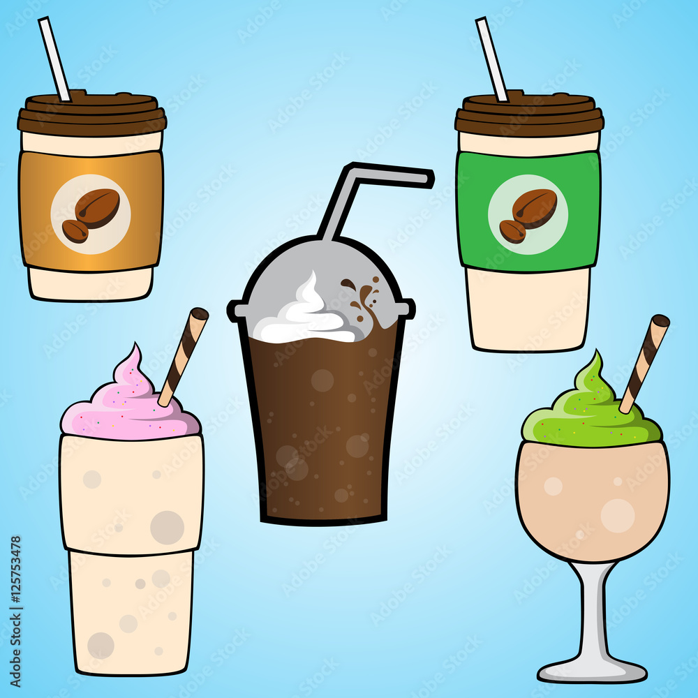 Set of drink, milkshakes float with ice cream, coffee, hot tea, coke ...