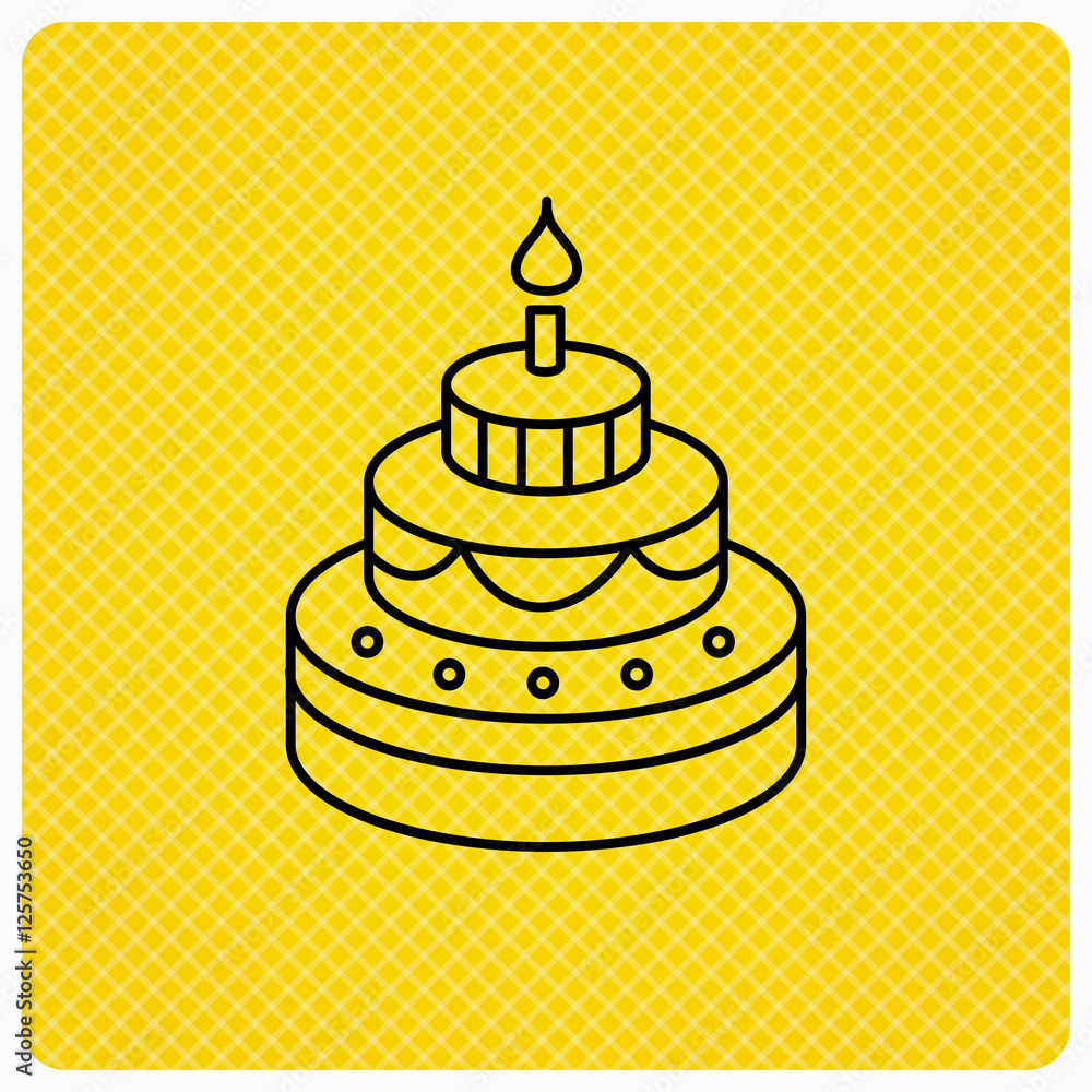 Cake icon. Birthday delicious dessert sign. Sweet food with candle ...