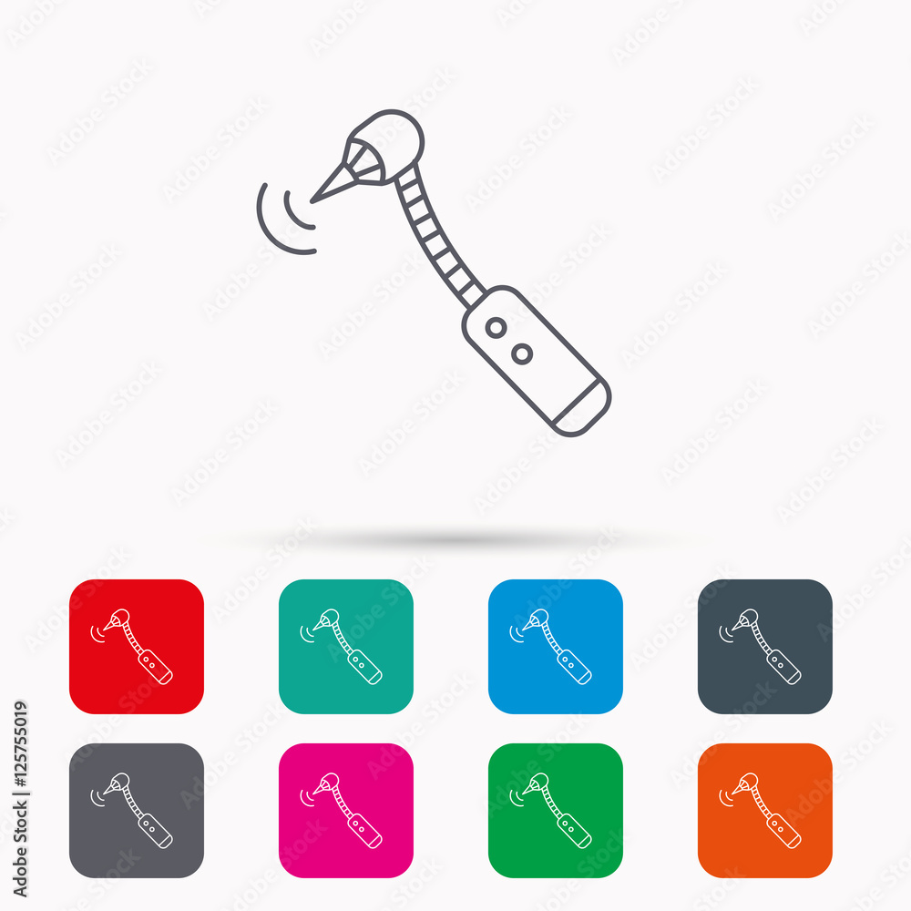 Drilling tool icon. Dental oral bur sign. Linear icons in squares on ...