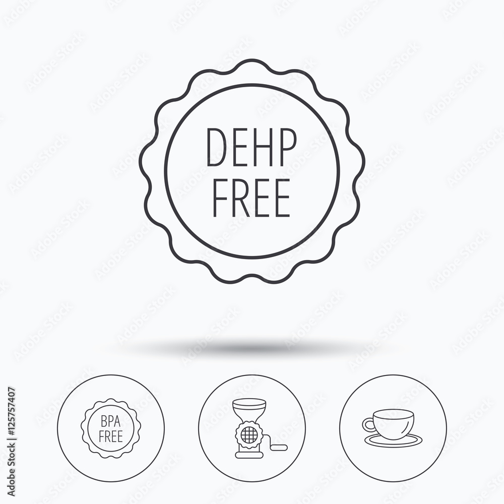 Coffee cup, meat grinder and BPA free icons. DEHP free linear sign ...