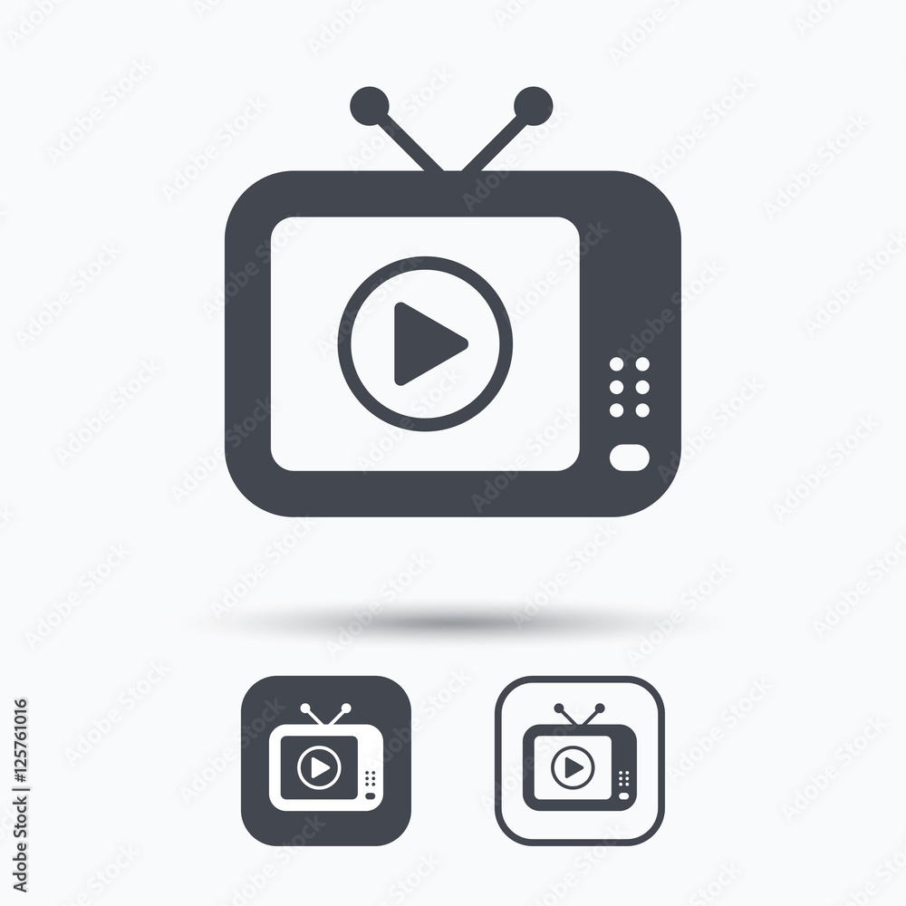 TV icon. Retro television symbol. Square buttons with flat web icon on ...