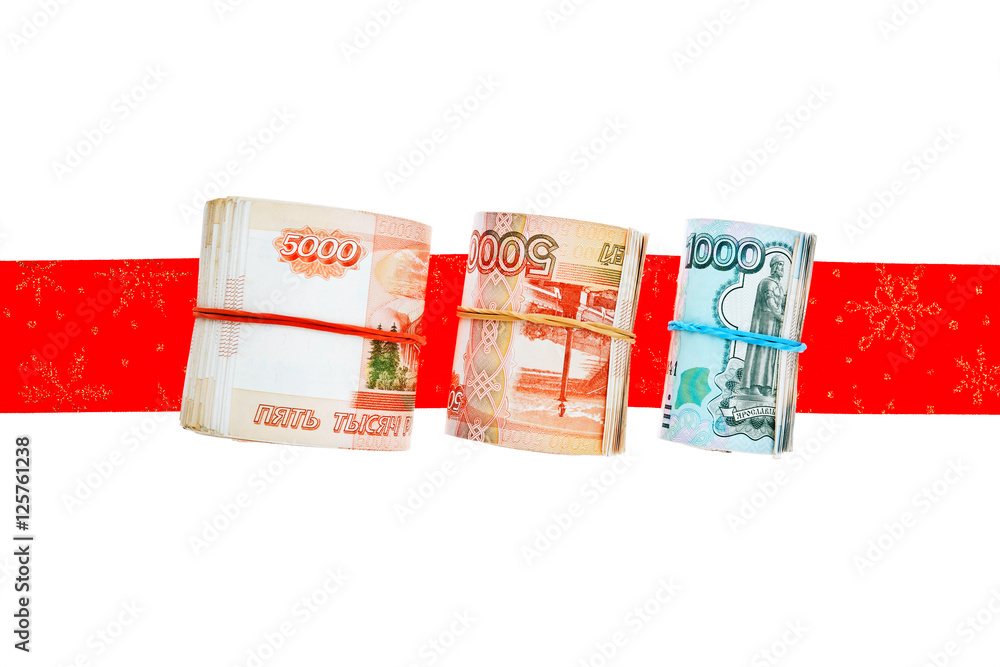 Rolls of russian banknotes with gift ribbon isolated on white ...