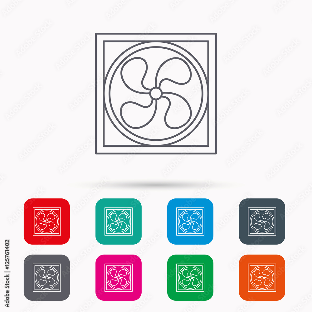 Ventilation icon. Fan or propeller sign. Linear icons in squares on ...