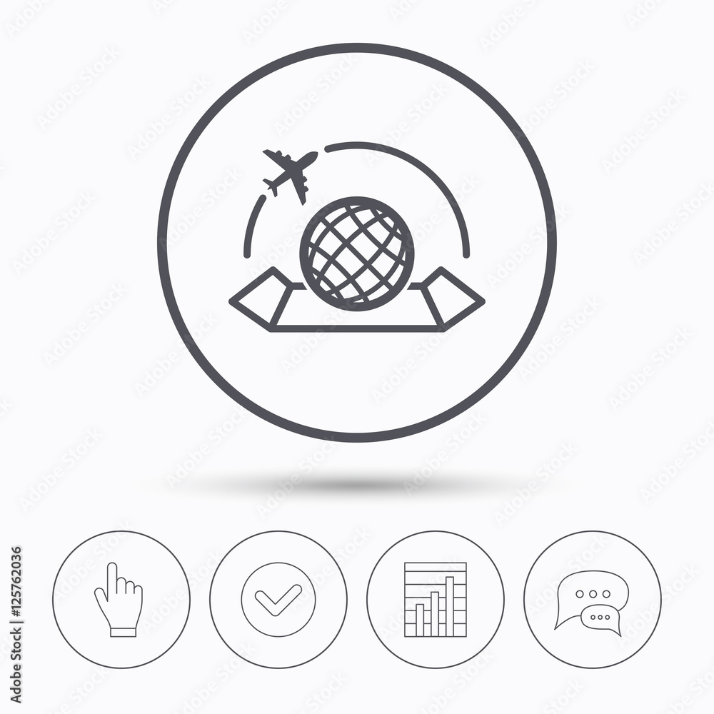 World map icon. Globe with airplane sign. Plane travel symbol. Chat ...