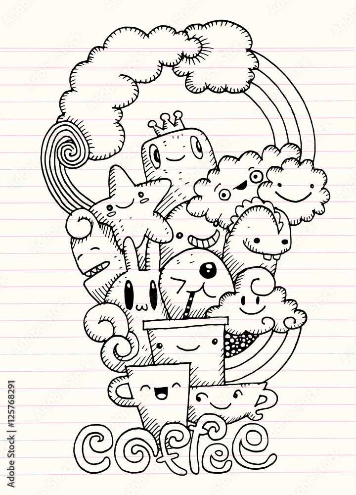 Hand drawn coffee ,cartoon monster and coffee cup ,Doodle,Vector Stock ...