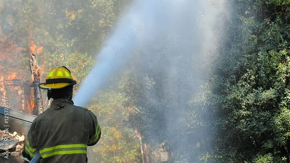 Working structure fire scene complete loss with firefighter spraying ...