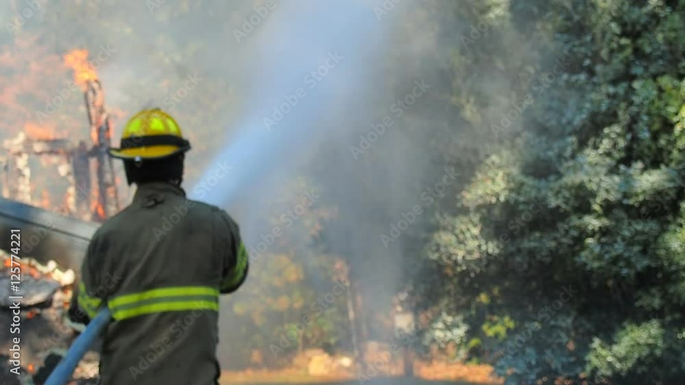 Working structure fire scene complete loss with firefighter advancing ...